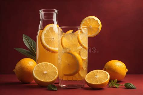 Glass Of Lemonade With Ice Cubes And Fresh Lemons On Red Background