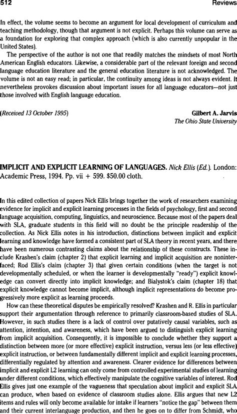 Implicit And Explicit Learning Of Languages Nick Ellis Ed London Academic Press 1994 Pp