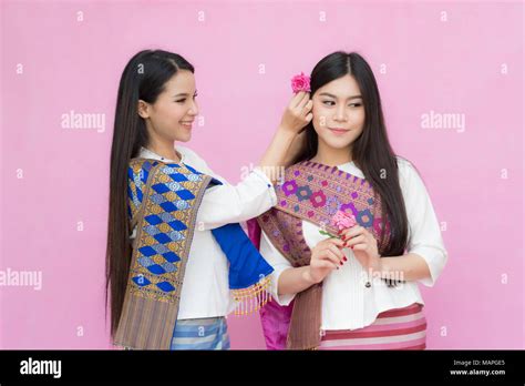 Portrait Beautiful Asian Girls In Traditional Thai Dress Isolated On