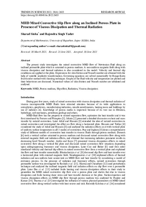 Pdf Mhd Mixed Convective Slip Flow Along An Inclined Porous Plate In