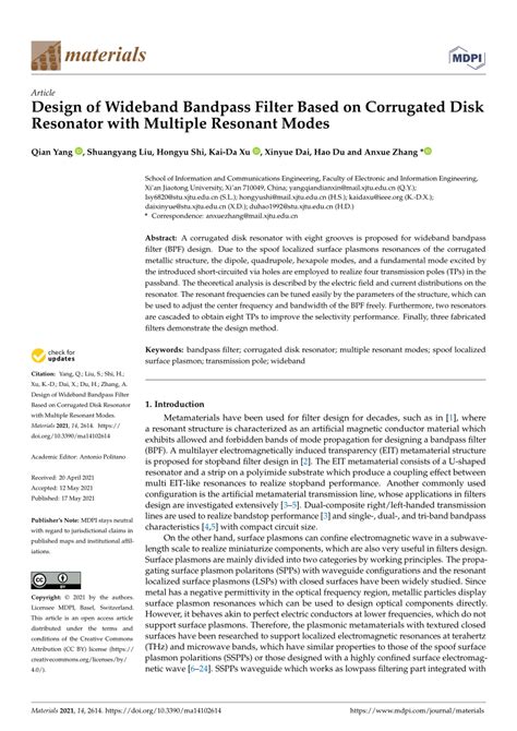 Pdf Design Of Wideband Bandpass Filter Based On Corrugated Disk Resonator With Multiple