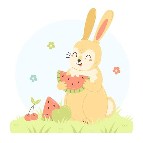 Lindo Conejo Con Fruta Come Sandía Un Personaje De Conejito En Un