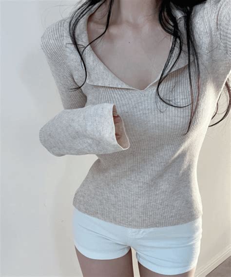 핏보장수입딥카라 소매긴 여리핏 니트티 2컬러 에이블리