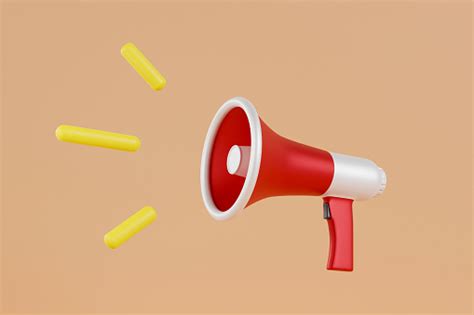 현실적인 메가폰 갈색 배경에 흰색과 빨간색 확성기 3d 모형 3d 렌더링 그림입니다 0명에 대한 스톡 사진 및 기타 이미지