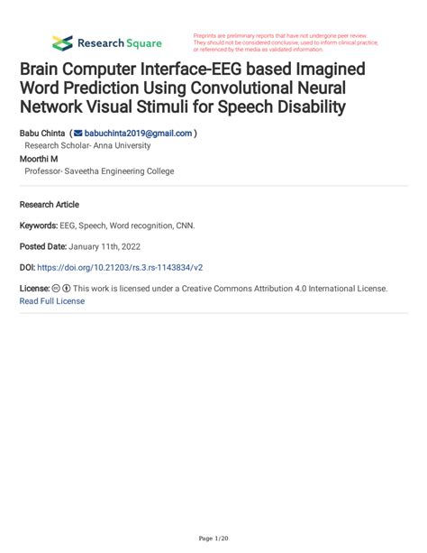 Pdf Brain Computer Interface Eeg Based Imagined Word Prediction Using Convolutional Neural