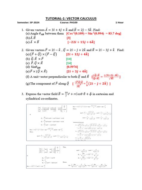 Tutorial 1 Vector Calculus W Sols Pdf Science And Mathematics