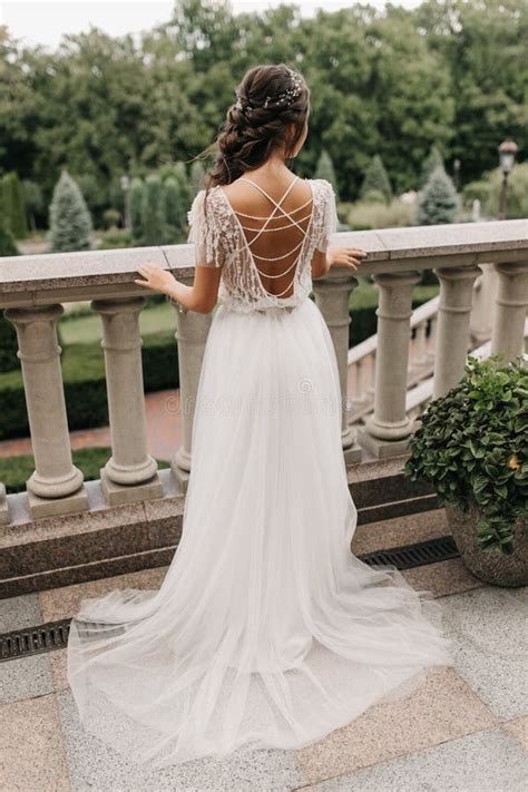 Bride From Behind In Bohemian Wedding Dress Stock Image Image Of