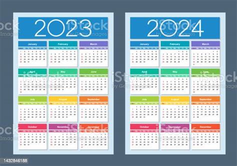 2023 2024 년을위한 다채로운 달력 주가 일요일에 시작됩니다 세로 달력 디자인 템플릿입니다 기본 그리드 격리된 벡터