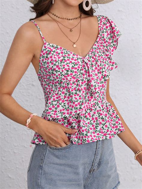 Shein Vcay Blusa Peplum Con Estampado Floral De Cuello Asimétrico