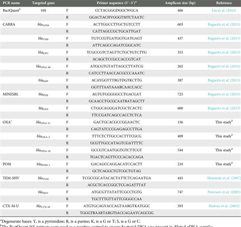 Primers Used For β Lactamase Extended Spectrum β Lactamases And