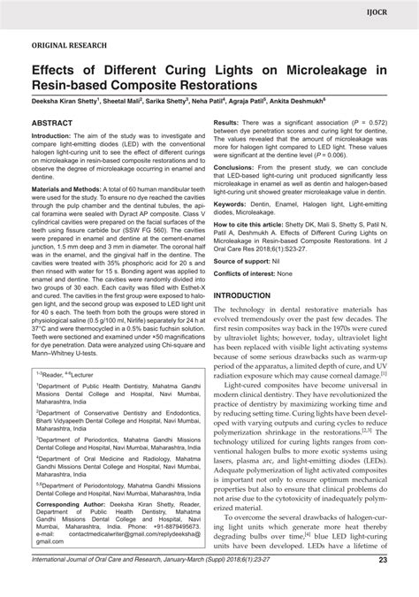 Pdf Effects Of Different Curing Lights On Microleakage In Resin Based Composite Restorations