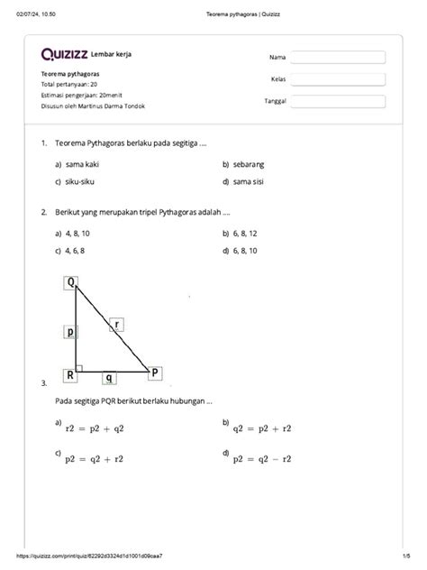 Teorema Pythagoras Quizizz Pdf