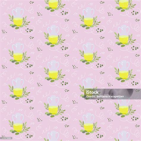 그리스 올리브 오일과 올리브 잎 그릇에 올리브 그리스 전통 요리의 유리 병과 벡터 손으로 그린 평면 음식 완벽 한 패턴 건강한 식생활에 대한 스톡 벡터 아트 및 기타 이미지