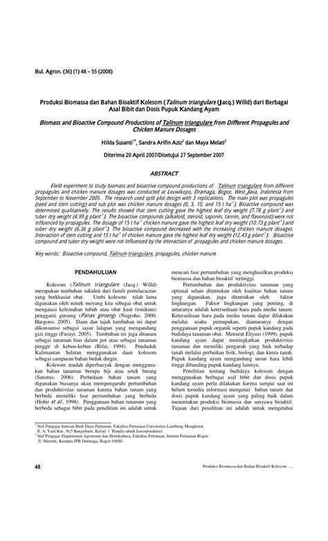 Pdf Produksi Biomassa Dan Bahan Bioaktif Kolesom Talinum Triangulare Jacq Willd Dari