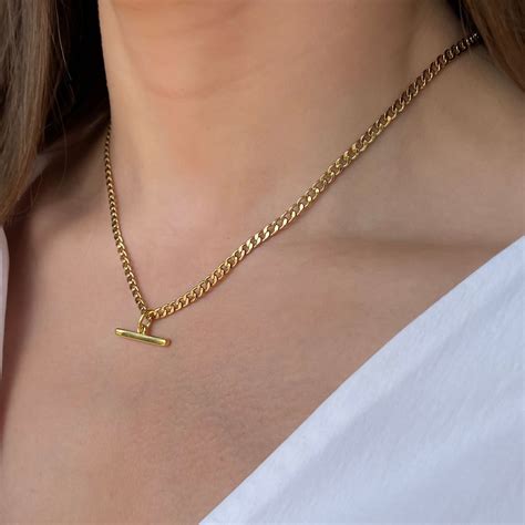 Curb Chain Necklace With T Bar Pendant Gold Orli Jewellery