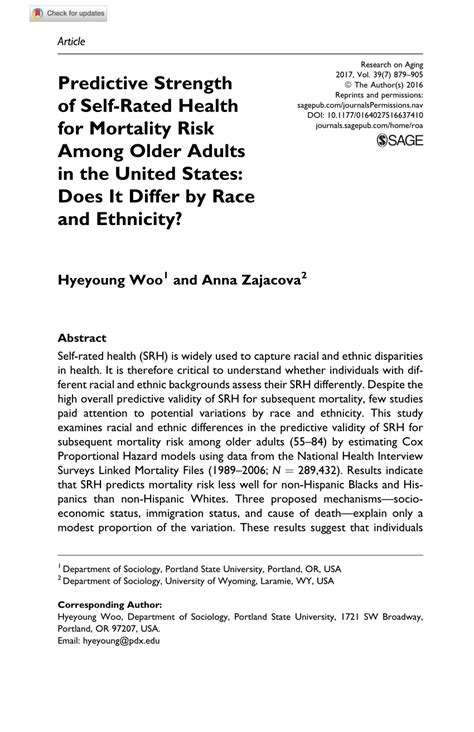 Pdf Predictive Strength Of Self Rated Health For Mortality Risk Among