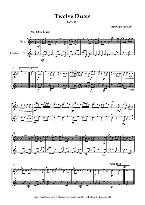 Mozart Twelve Duets K487 No12 Sheet Music For Flute Clarinet Duet