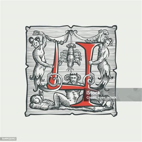 4 로고 네 번째 중세 드롭캡 지옥의 악마 마녀 유령 조각 부화 그림입니다 4에 대한 스톡 벡터 아트 및 기타 이미지 4