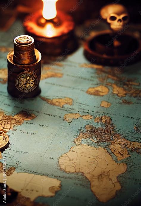 An Ancient Pirate Map In The Cabin Of A Pirate Ship Image Of An