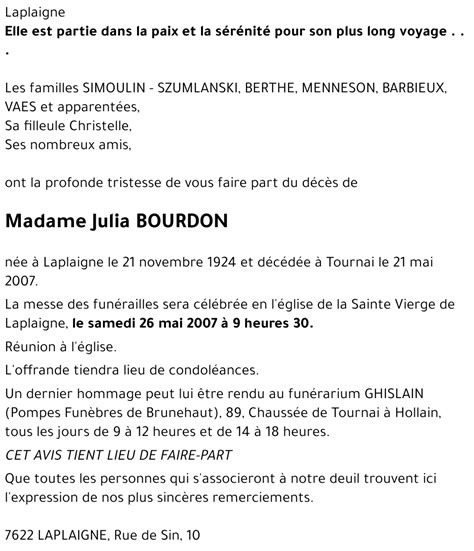 Avis De Décès De Julia Bourdon Décédé Le 21052007 à Tournai Annonce Condoléances Fleurs