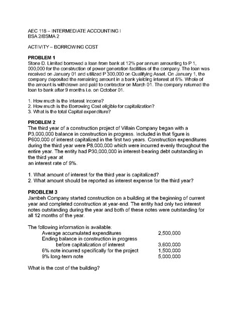 Activity Borrowing Cost Pdf Bsa Sample Problem 2024 Aec 118 Intermediate Accounting I Bsa 2