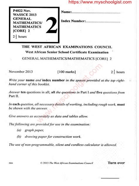 Wassce 2013 Mathematics Core 2 Pdf