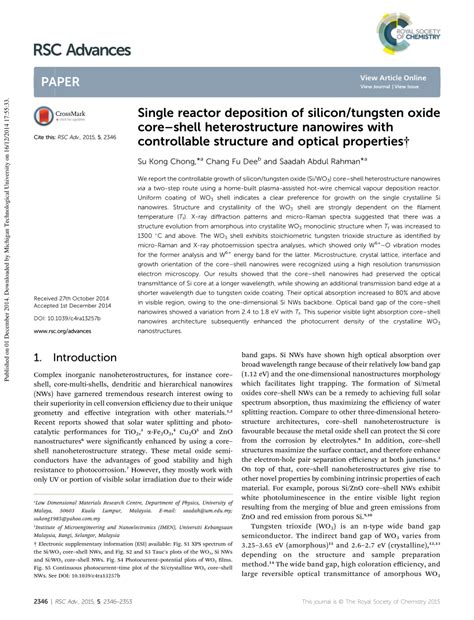 Pdf Single Reactor Deposition Of Silicontungsten Oxide Core Shell Heterostructure Nanowires