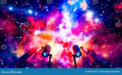 Bunch Of Microphones That Are In Front Of Colorful Explosion Of Confetti Generative Ai Stock