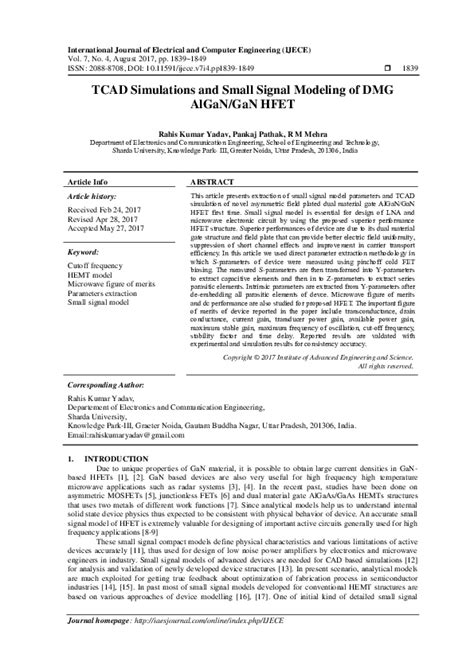 Pdf Tcad Simulations And Small Signal Modeling Of Dmg Algangan Hfet