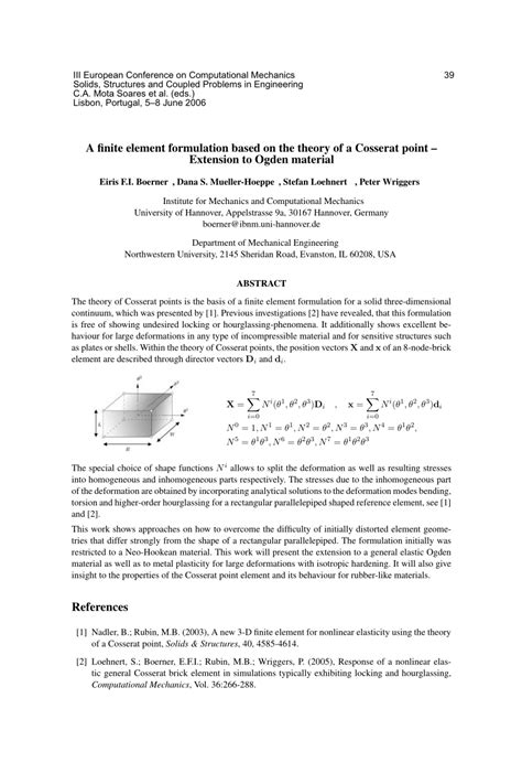 Pdf A Finite Element Formulation Based On The Theory Of A Cosserat