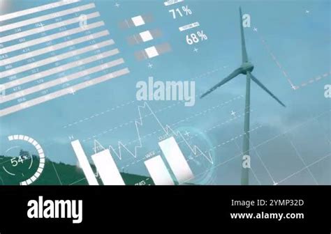 Graphs And Pie Charts Animation Over Wind Turbine And Landscape Renewable Energy