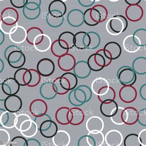 복고풍 스타일의 벡터 일러스트 스위니시 원활한 패턴 네 가지 색상의 원 녹색 빨간색 검은 색과 흰색 회색 배경에 임의의 순서로 배열 0명에 대한 스톡 벡터 아트 및 기타