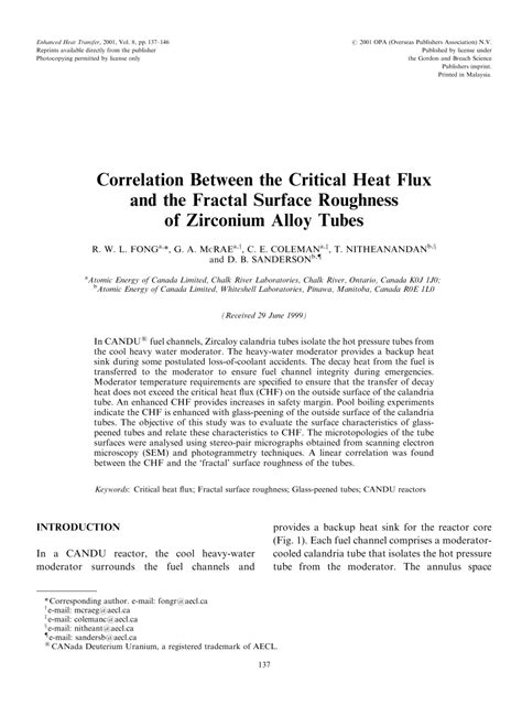 Pdf Correlation Between The Critical Heat Flux And The Fractal Surface Roughness Of Zirconium