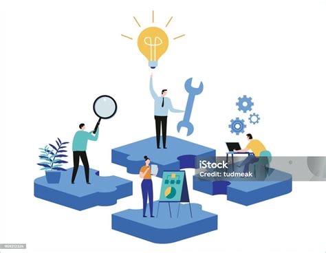 새로운 아이디어를 찾는 문제 해결입니다 벡터 일러스트 레이 션 배너입니다 팀웍 검색 솔루션 미니어처 사람들 팀 모바일 웹에 대