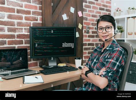 Confident Beauty Female Programmer Responsible For Solving Network Security Issues And Through