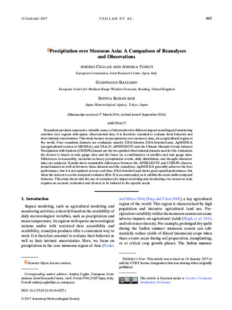 Pdf Precipitation Over Monsoon Asia A Comparison Of Reanalyses And Observations