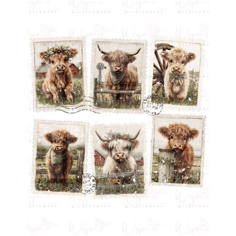Highland Cow Stamp Dtf Direct To Fabric Transfer Vintage Stamp Spring