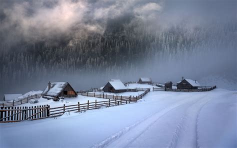 Landscape Forest Snow Cabin Mountains Hd Wallpaper Rare Gallery