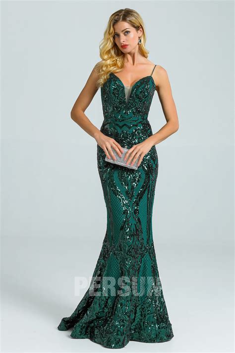 Chic Robe De Soirée Sirène Vert Sapin En Dentelle De Sequins Dos