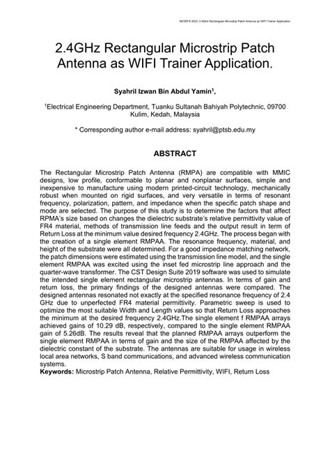 Pdf 24ghz Rectangular Microstrip Patch Antenna As Wifi Trainer Application