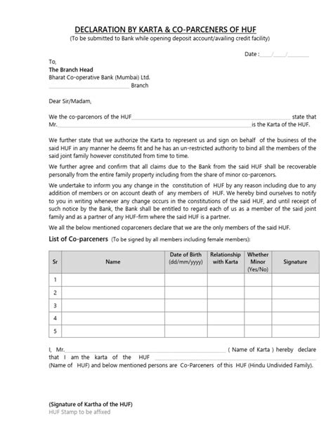 Huf Declaration For Account Opening Pdf