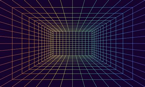 3d 스타일의 원근감 있는 그리드 룸 무지개 레이저 빔의 실내 와이어프레임 디지털 빈 상자 추상적인 기하학적 디자인 0명에 대한