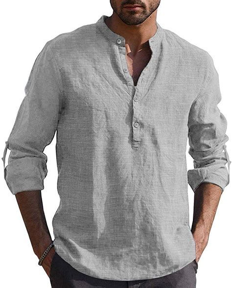 Coofandy Mens Cotton Linen Henley Shirt Long Sleeve Hippie Casual
