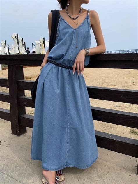 Angela House韓單 渡假風~夏日v領水洗牛仔兩側有口袋吊帶長裙 商品追加 Yahoo奇摩拍賣