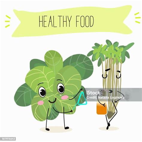 재미있는 만화 캐릭터 유채과 야채 물냉이 샐러드 카와이 옥수수 샐러드 옥수수 샐러드 양고기 양상추 야채가 있는 벡터 그림 스포츠를 하고 악기를 연주합니다 건강한 식생활에