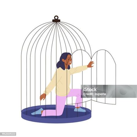 젊은 여자 만화 캐릭터 떠나는 새장 탈출 함정 개방 문 흰색 배경에 고립 Health에 대한 스톡 벡터 아트 및 기타 이미지 Health 갇힌 개념 Istock