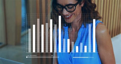 Animation Of Graph Loading Bars Over Smiling Biracial Woman Typing On