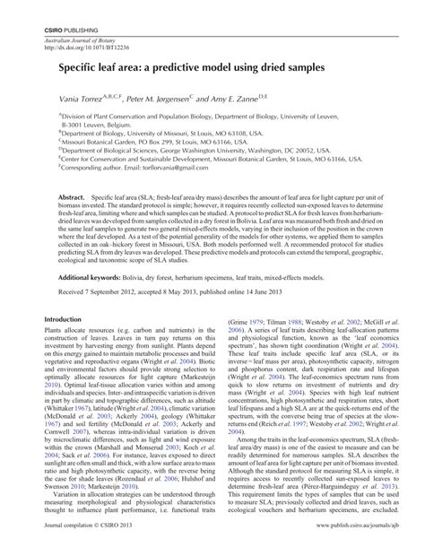 Pdf Specific Leaf Area A Predictive Model Using Dried Samples