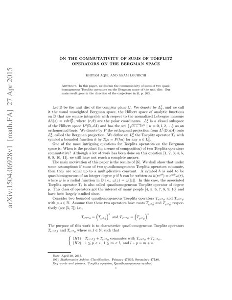 Pdf On The Commutativity Of Sums Of Toeplitz Operators On The Bergman Space
