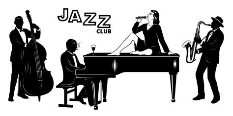 Retro Jazz Club Silhouettes Set Singer Woman Sitting On A Piano
